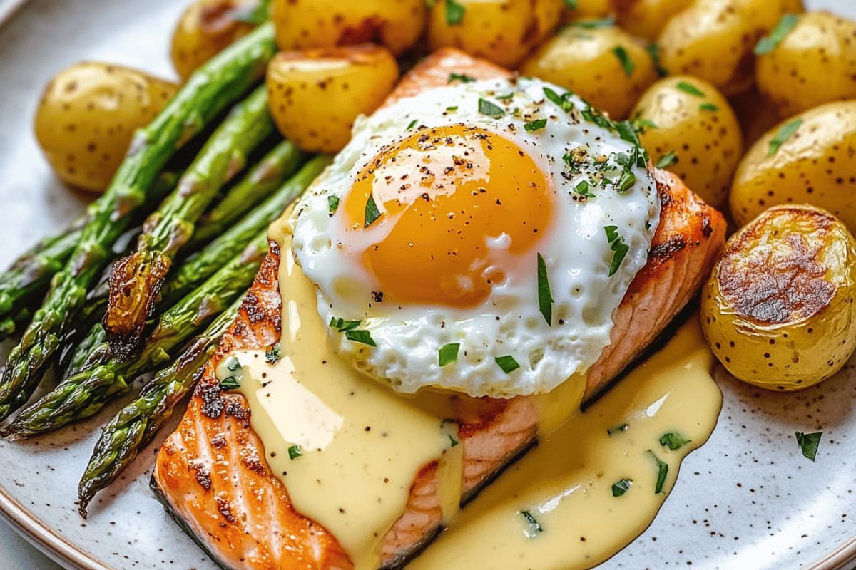 Salmon and Poached Egg Breakfast with Asparagus & Potatoes