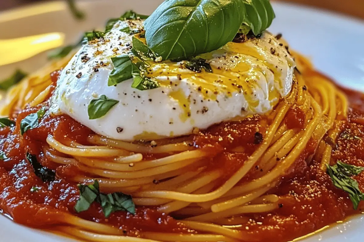Spaghetti with Burrata & Tomato Basil Sauce – Creamy & Flavorful
